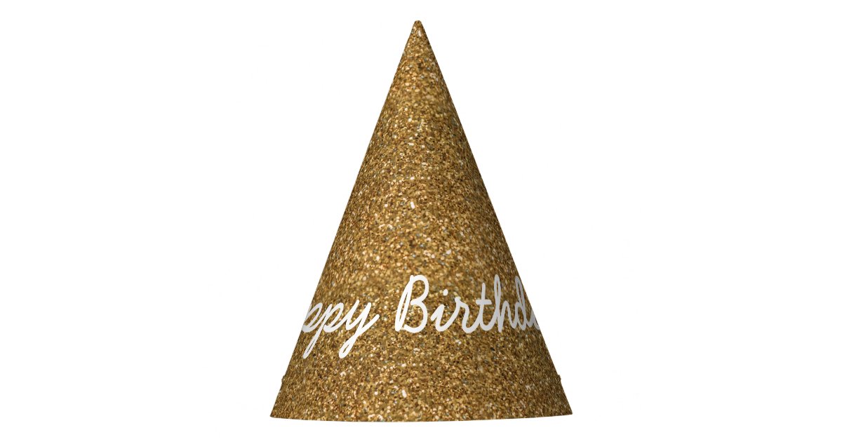 Elegant Happy Birthday in Faux Gold Glitters Party Hat | Zazzle