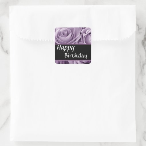 Elegant Happy Birthday Soft Purple Roses Square Sticker | Zazzle