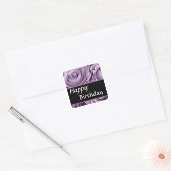 Elegant Happy Birthday Soft Purple Roses Square Sticker | Zazzle