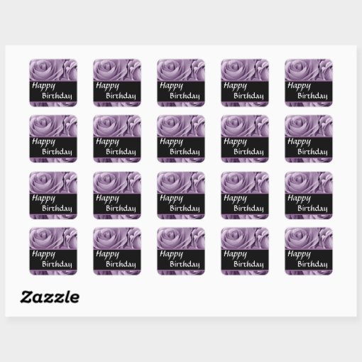 Elegant Happy Birthday Soft Purple Roses Square Sticker | Zazzle