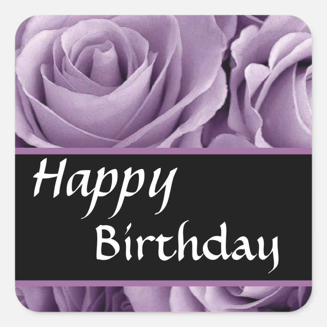 Elegant Happy Birthday Soft Purple Roses Square Sticker | Zazzle