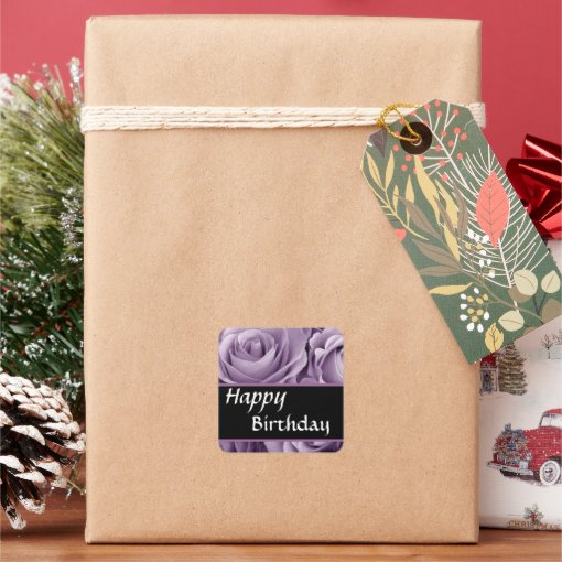 Elegant Happy Birthday Soft Purple Roses Square Sticker | Zazzle