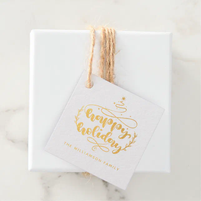 Elegant Happy Holiday Family Foil Favor Tags | Zazzle