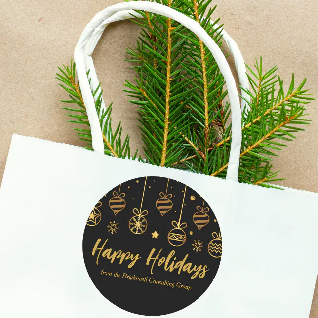 Elegant Happy Holidays Black Gold Custom Business Classic Round Sticker ...