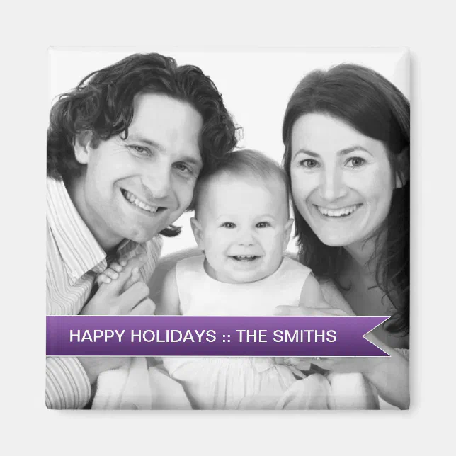 Elegant Happy Holidays Purple Ribbon Family Photo Magnet | Zazzle