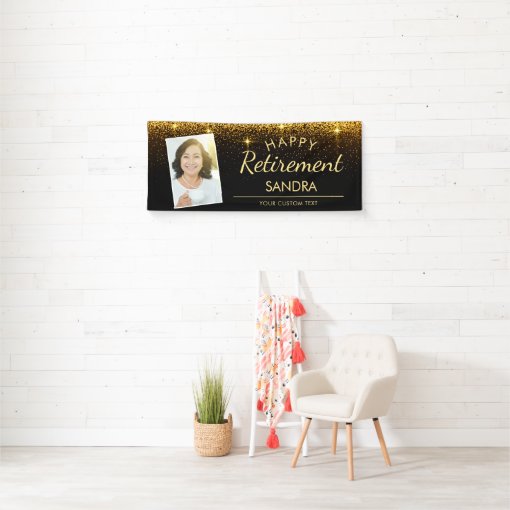 Elegant Happy Retirement Photo Gold Sparkle Banner | Zazzle