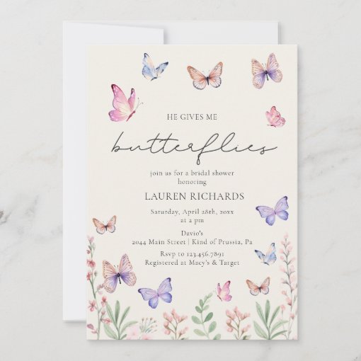 Elegant He Gives Me Butterflies Bridal Shower Invitation | Zazzle