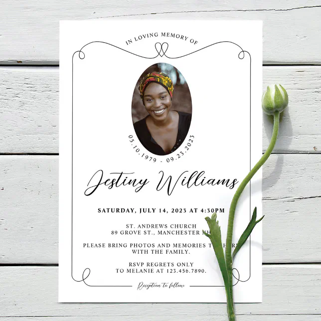 Elegant Heart Frame Loving Memory Photo Funeral Invitation | Zazzle
