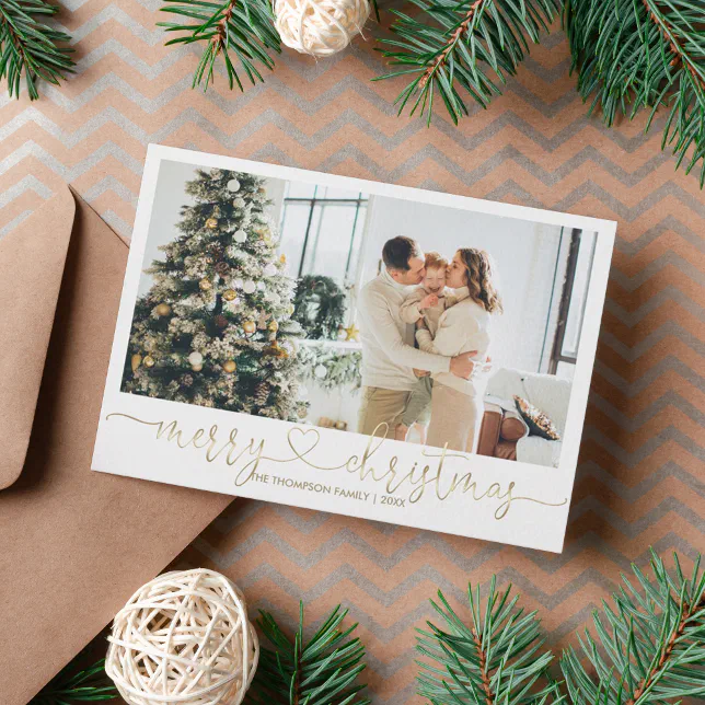 Elegant Heart Script Gold Merry Christmas Photo Holiday Card | Zazzle