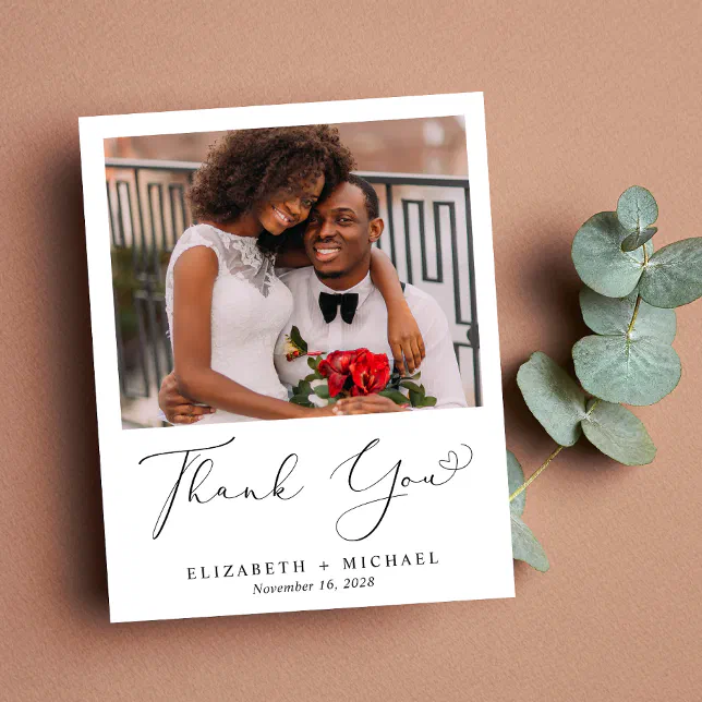 Elegant Heart Script Wedding Photo Thank You Card | Zazzle
