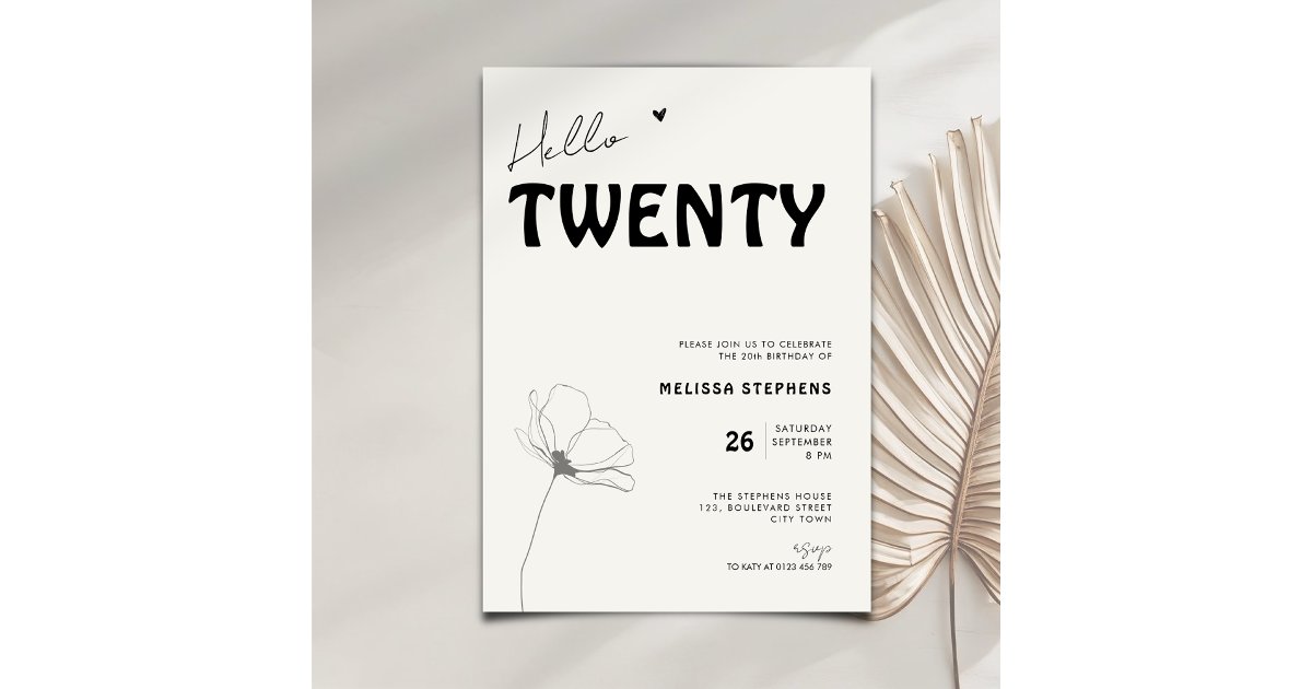 Elegant Hello Twenty Bold Typography 20th Birthday Invitation | Zazzle