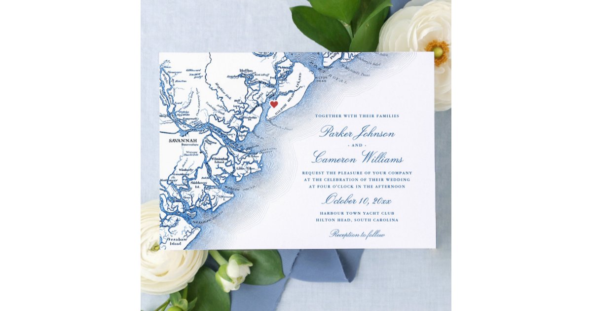 Elegant Hilton Head Island Map Navy Blue Wedding Invitation | Zazzle