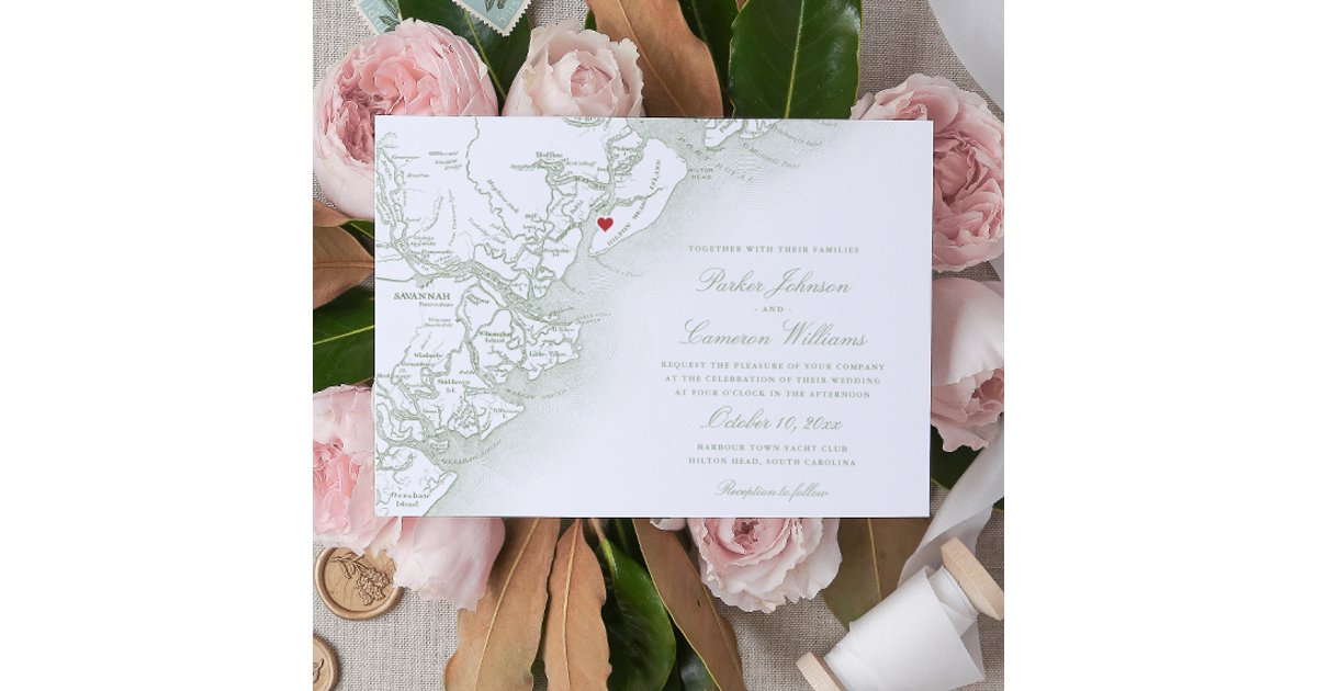 Elegant Hilton Head Island Map Sage Green Wedding Invitation | Zazzle
