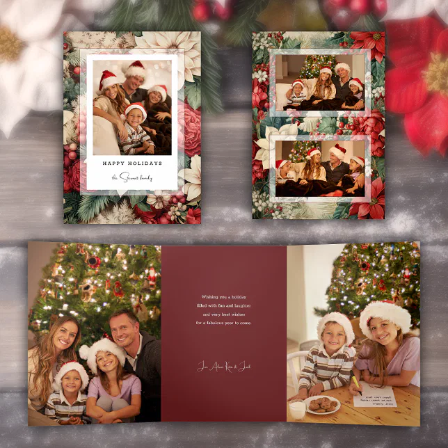 Elegant Holiday Floral Photo Tri-Fold Card | Zazzle