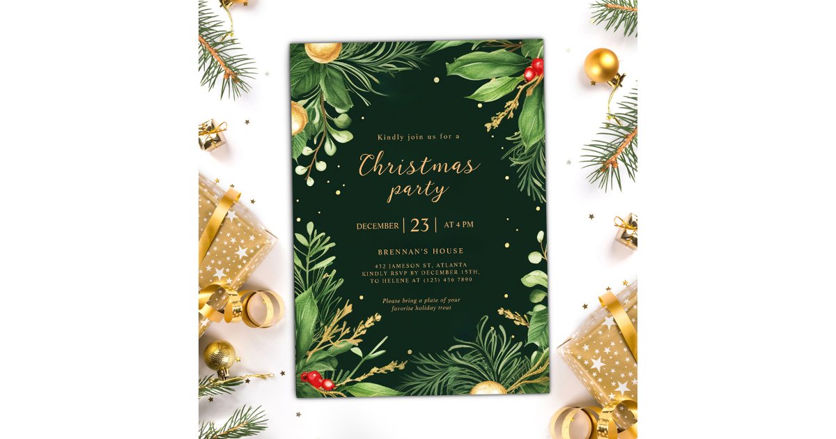 Elegant Holiday Greenery Botanical Christmas Party Invitation | Zazzle