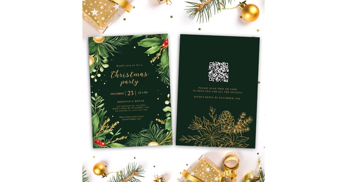 Elegant Holiday Greenery QR Code Christmas Party I Invitation | Zazzle