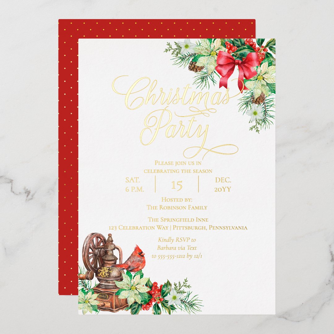 Elegant Holiday Holly Floral Christmas Party Foil Invitation | Zazzle