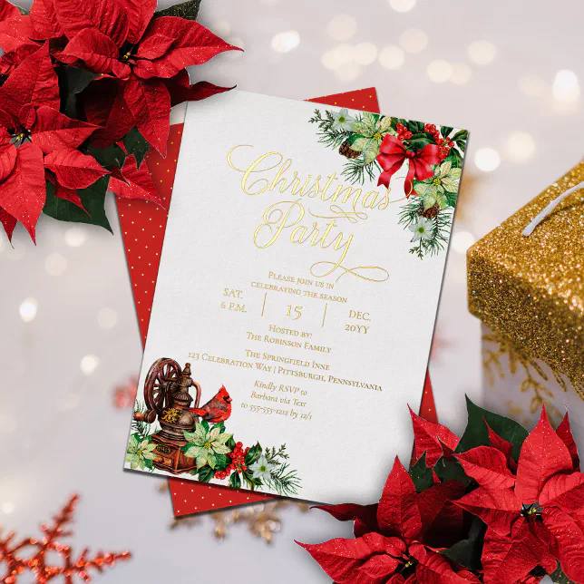 Elegant Holiday Holly Floral Christmas Party Foil Invitation | Zazzle