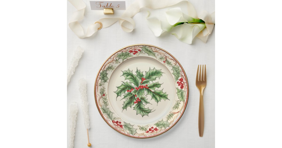 Elegant Holiday Holly Paper Plates | Zazzle