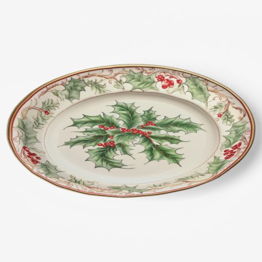 Elegant Holiday Holly Paper Plates | Zazzle