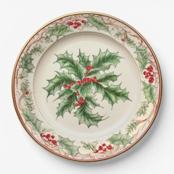 Elegant Holiday Holly Paper Plates | Zazzle
