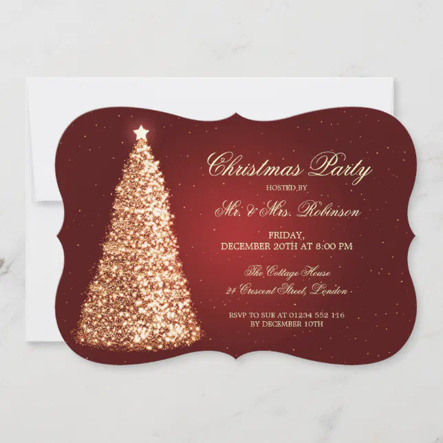 Elegant Holiday Party Gold Christmas Tree Red Invitation | Zazzle