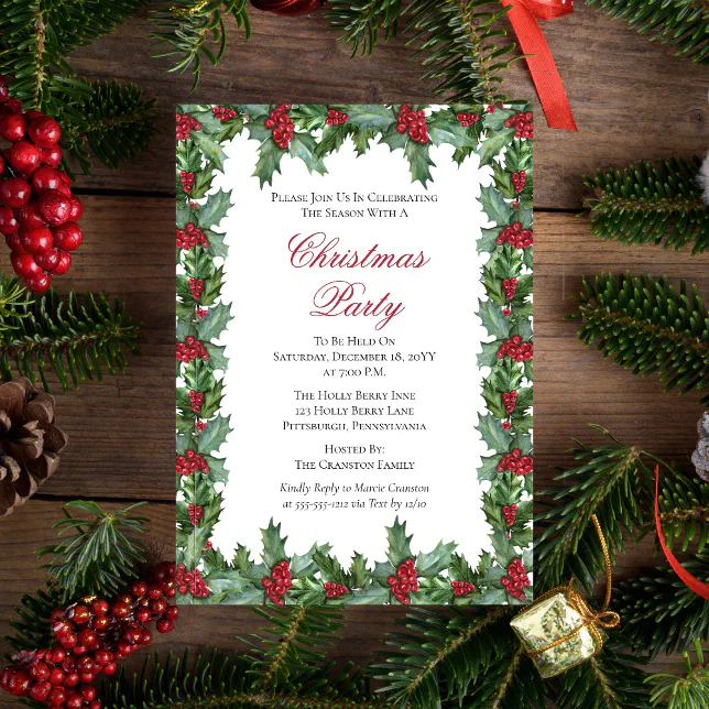 Elegant Holly and Berries Frame Christmas Party Invitation | Zazzle