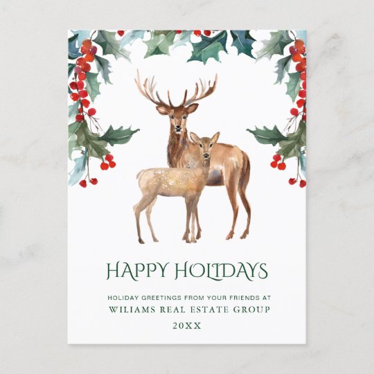 Elegant Holly Deer Christmas Corporate Greeting Holiday Postcard ...