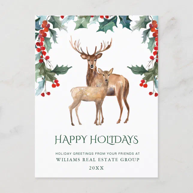 Elegant Holly Deer Christmas Corporate Greeting Holiday Postcard | Zazzle