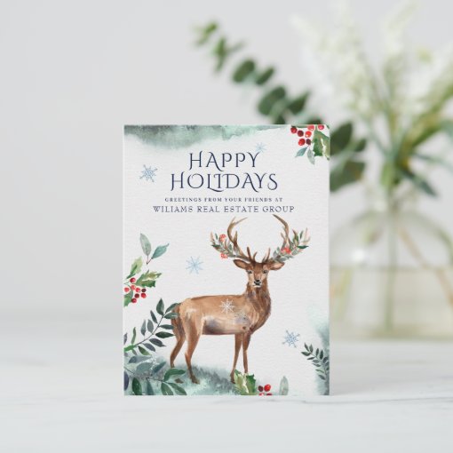 Elegant Holly Deer Christmas Corporate Greeting Postcard | Zazzle