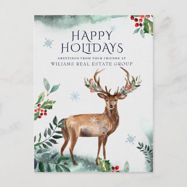 Elegant Holly Deer Christmas Corporate Greeting Postcard | Zazzle