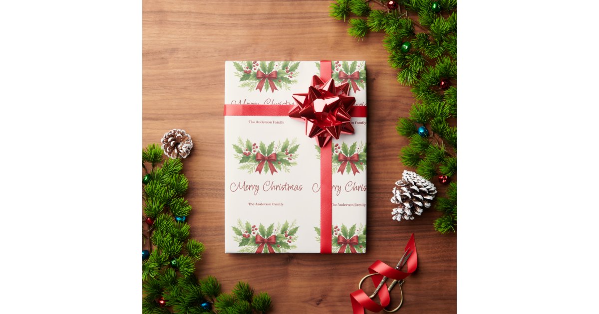Elegant Holly & Red Bow Christmas - Wrapping Paper | Zazzle