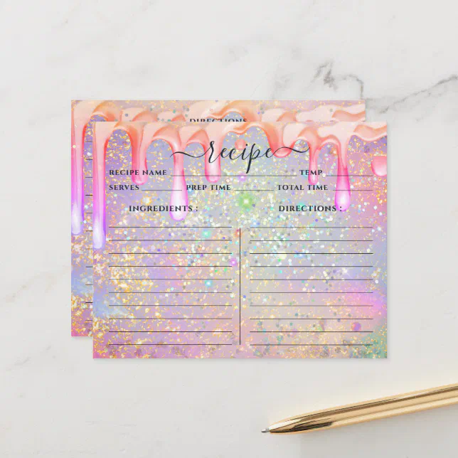 Elegant Holographic Drip Gold Glitter Recipe Cards | Zazzle