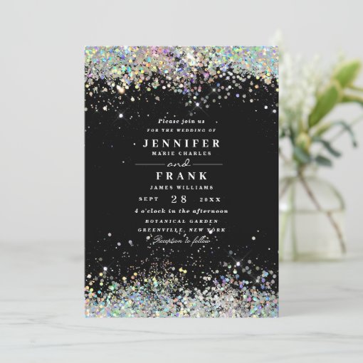 Elegant Holographic Sparkly Glitter Black Modern Invitation | Zazzle