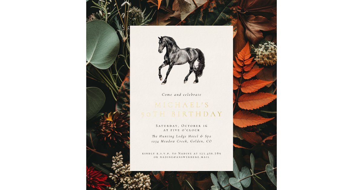 Elegant Horse Equestrian Adult Birthday Foil Invitation | Zazzle