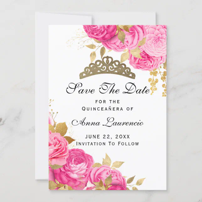 Elegant Hot Pink Floral Quinceanera Save The Date | Zazzle
