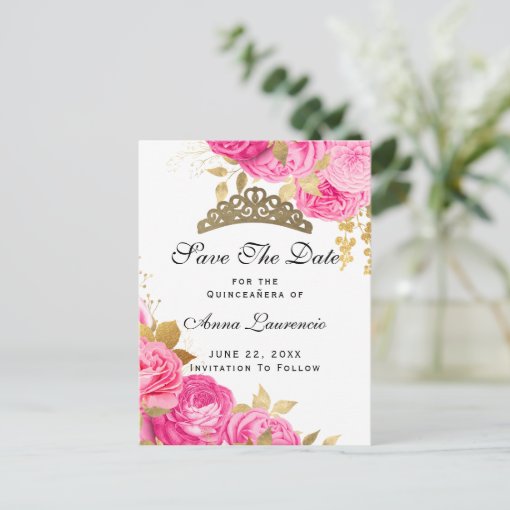 Elegant Hot Pink Floral Quinceanera Save The Date Postcard | Zazzle