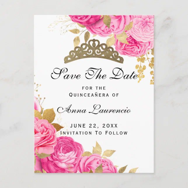 Elegant Hot Pink Floral Quinceanera Save The Date Postcard | Zazzle