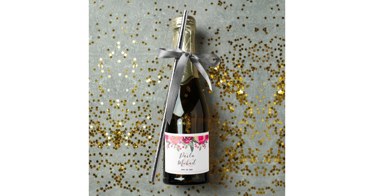Elegant Hot Pink Floral Watercolor Mini Sparkling Wine Label | Zazzle