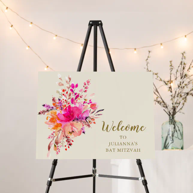 Elegant Hot Pink Floral Welcome Bat Mitzvah Sign | Zazzle