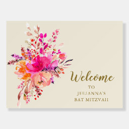 Elegant Hot Pink Floral Welcome Bat Mitzvah Sign | Zazzle