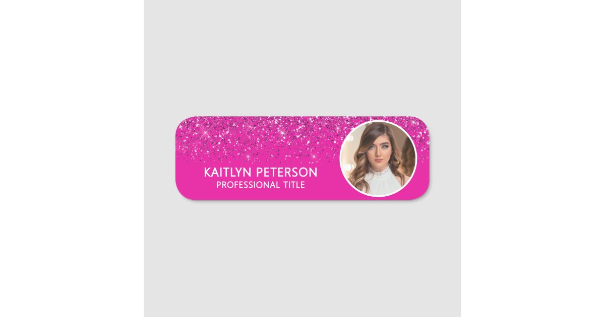 Elegant Hot Pink Glitter Magnetic Employee Photo Name Tag | Zazzle