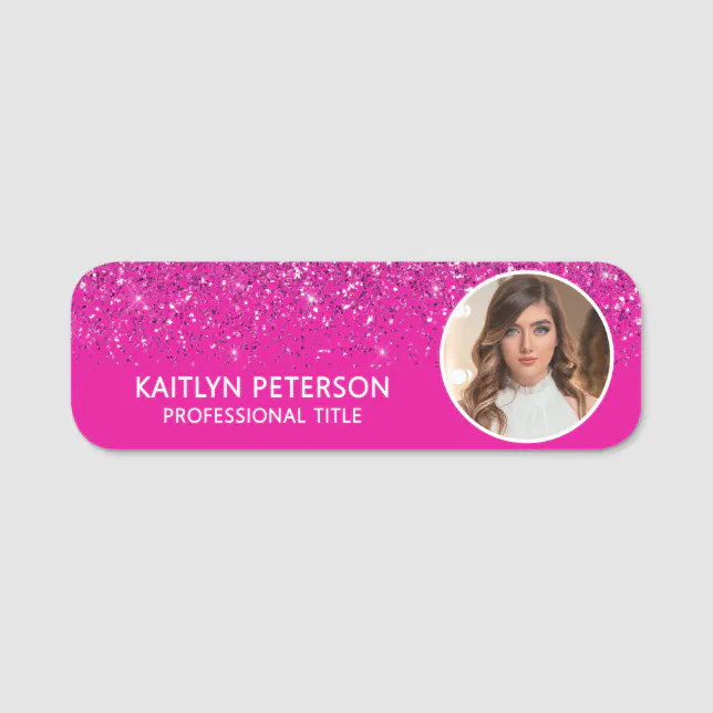 Elegant Hot Pink Glitter Magnetic Employee Photo Name Tag | Zazzle