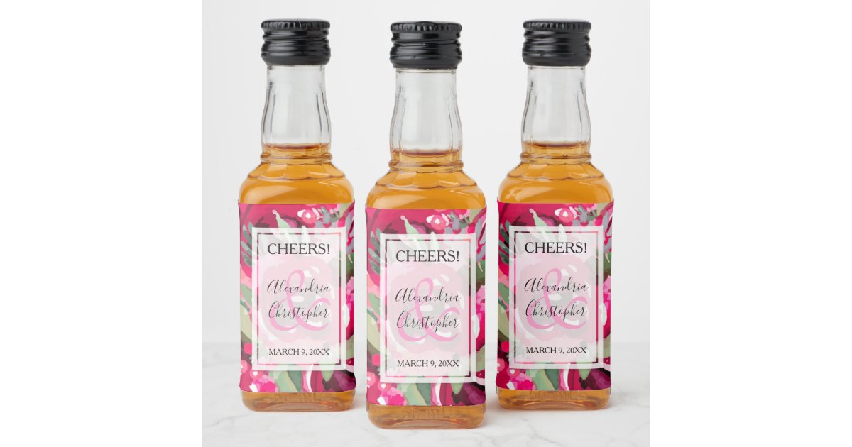 Elegant Hot Pink Watercolor Floral Wedding Mini Liquor Bottle Label ...