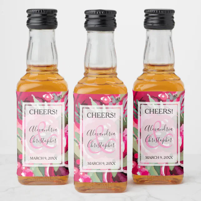 Elegant Hot Pink Watercolor Floral Wedding Mini Liquor Bottle Label ...