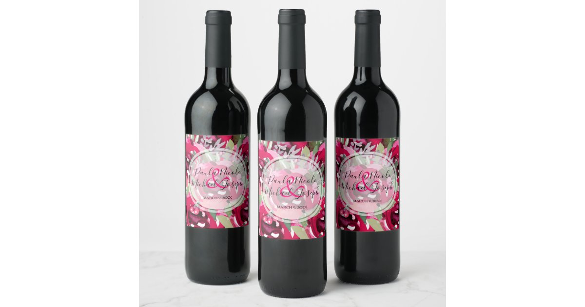 Elegant Hot Pink Watercolor Floral Wedding Wine Label | Zazzle.com