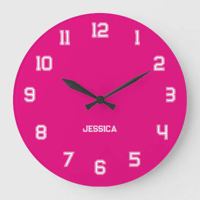 Elegant Hot Pink with White Outline Numbers Large Clock | Zazzle