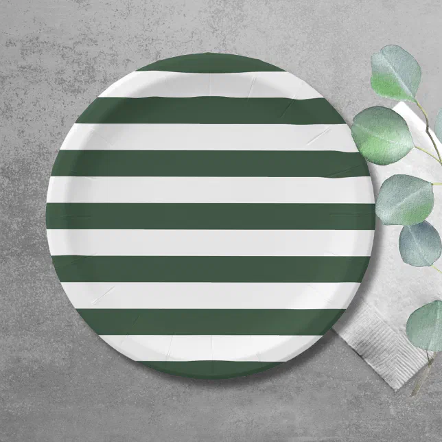Elegant Hunter Green and White Striped Pattern Paper Plates | Zazzle