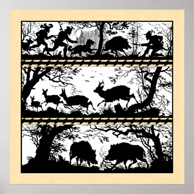 Elegant Hunting Scene Running Deer Wild Boar Poster | Zazzle