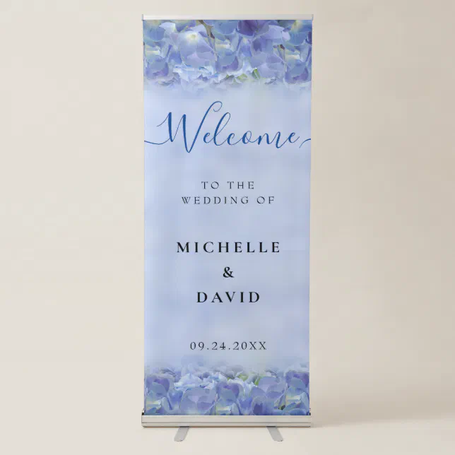 Elegant Hydrangea Blue Florals Wedding Welcome Retractable Banner | Zazzle